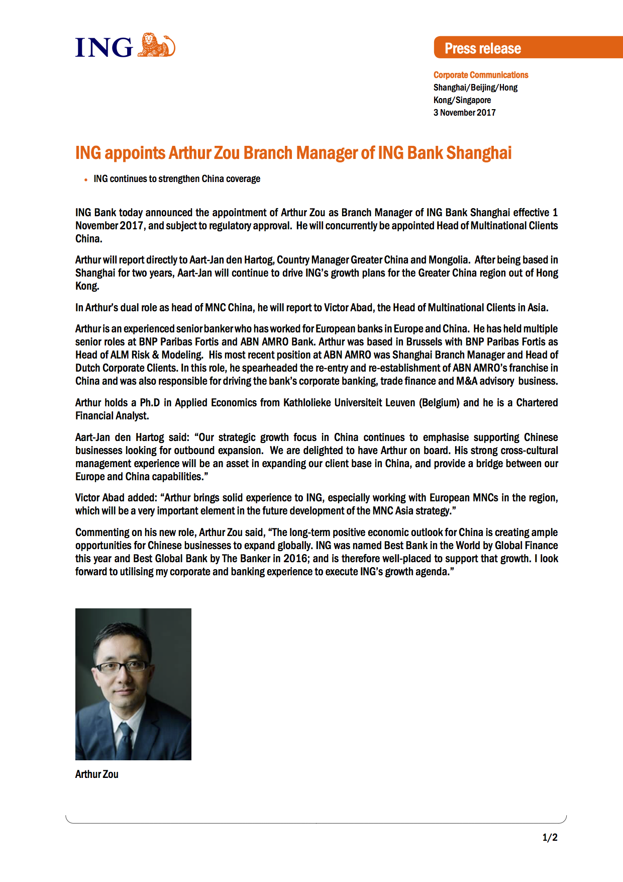ING appoints Arthur Zou Branch Manager of ING Bank Shanghai / ING ...